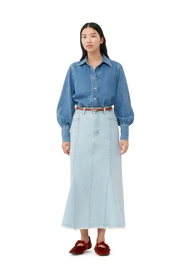 GANNI Bleach Denim Peplum Midi Skirt - Light Blue Stone
