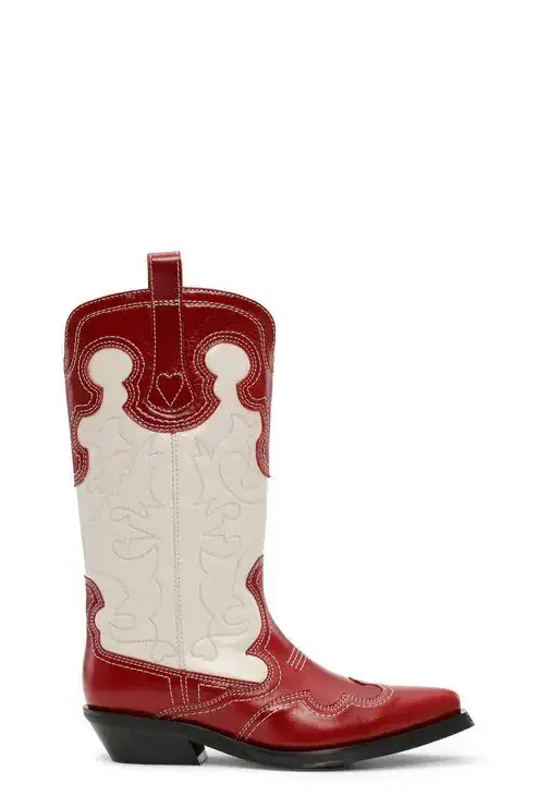 Ganni Red/White Mid Shaft Embroidered Western Boots In Barbados