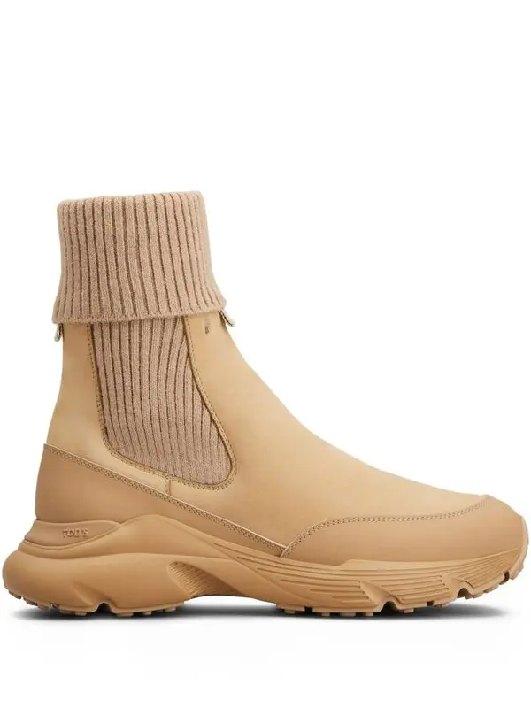 TOD'S Leather And Knitted Ankle Boots - Beige