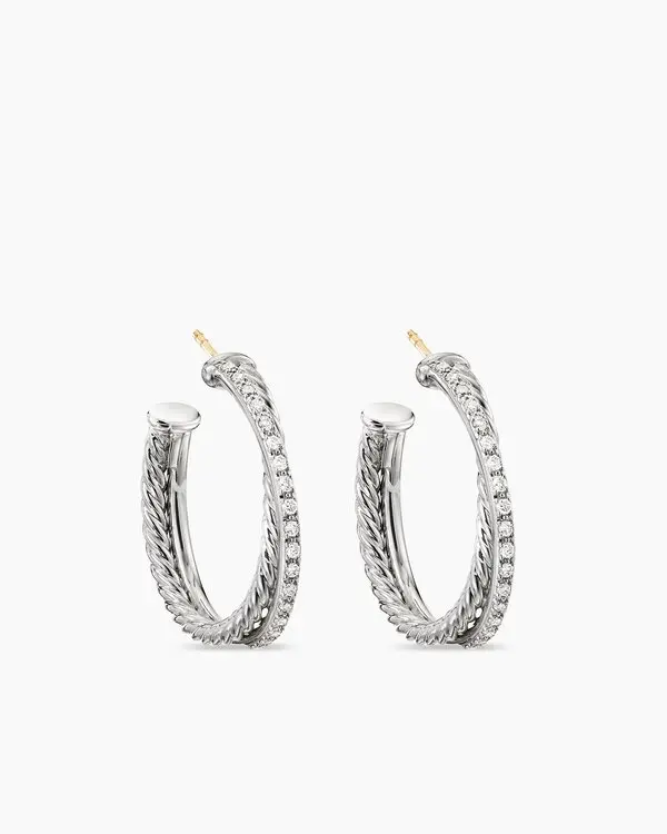 David Yurman Sterling Silver Crossover Hoop Earrings With Diamonds