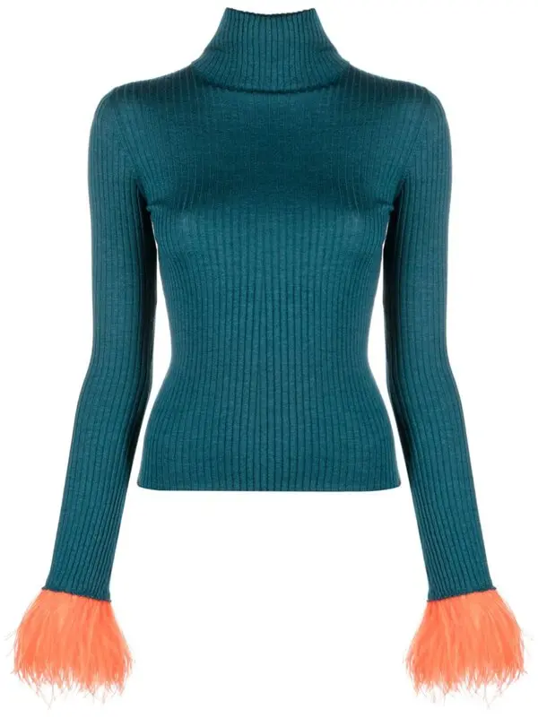 La DoubleJ Feather-trim Rib-knit Jumper - Blue