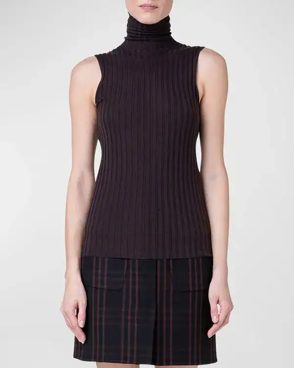 Akris Turtleneck Sleeveless Wide-Rib Wool-Silk Top Mocca