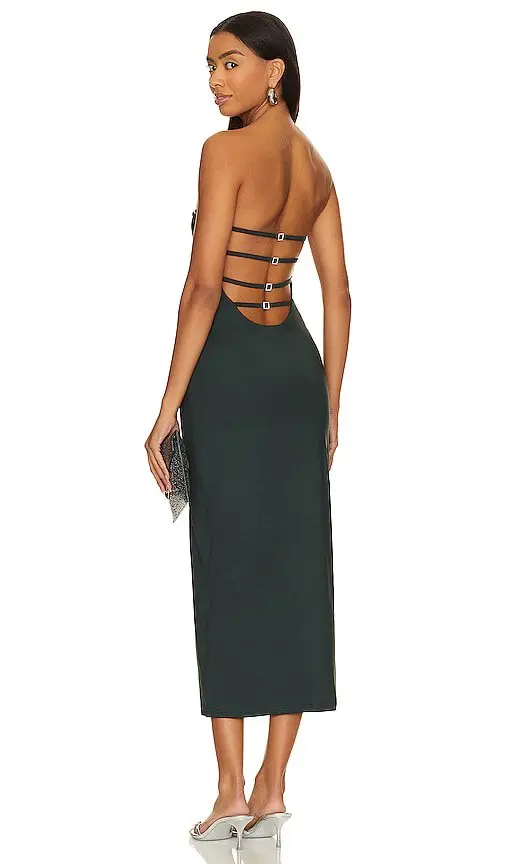 emerald green strapless midi dress Luxe Sheen Strapless Ruched Satin Midi Dress main image 0