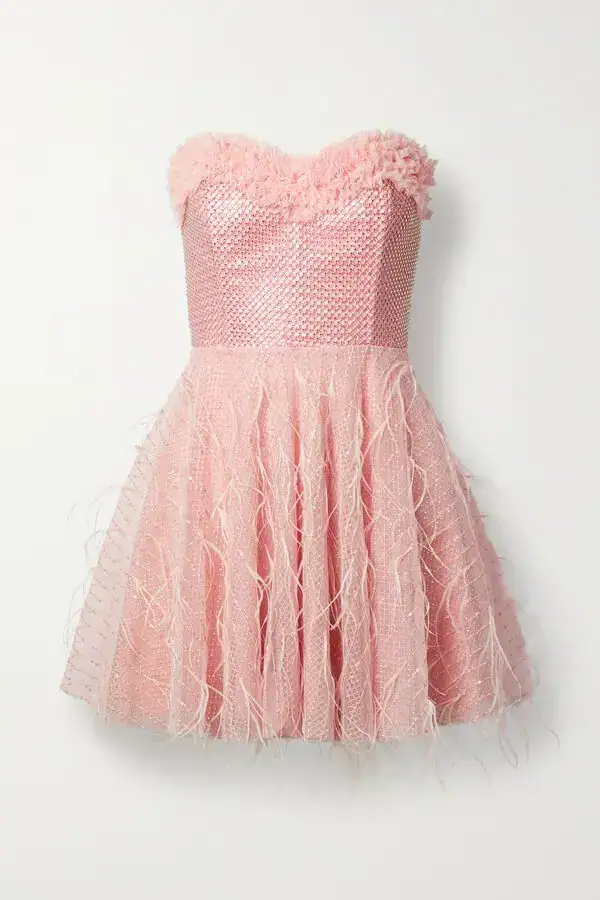 Loveshackfancy Marvella Strapless Feather-Trimmed Tulle Mini Dress In Pink  - 60% Off | Editorialist