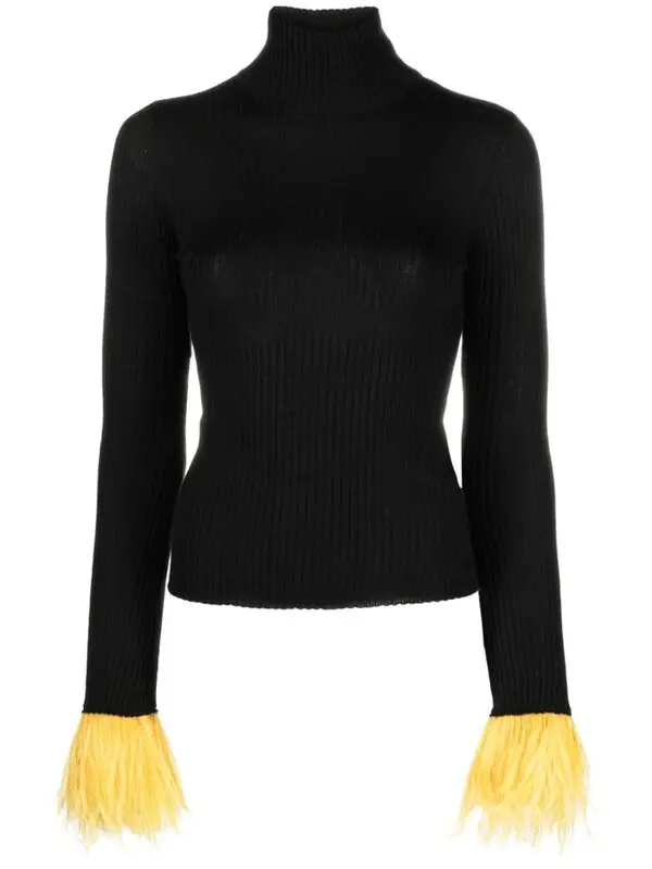 La DoubleJ Feather-cuff Ribbed-knit Jumper - Black