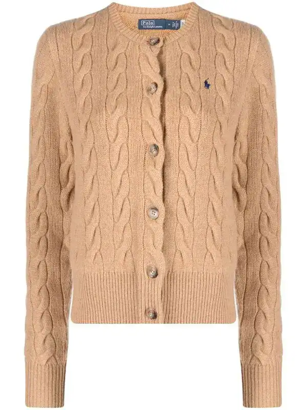 Ralph Lauren Polo Pony-Embroidered Cable-Knit Cardigan Brown