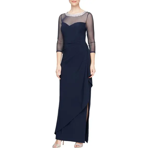 Alex Evenings Embellished Illusion Neck Gown - Navy