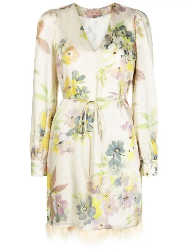TWINSET Floral-print Feather-trimmed Minidress