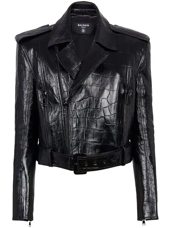 Balmain Croc-Embossed Leather Biker Jacket - Black | Editorialist