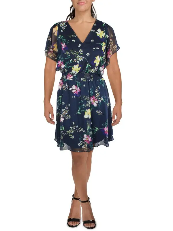 DKNY Women's Soft Everyday Fit And Flare Dress – Neck Tie Chiffon Balloon Sleeve