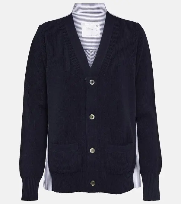 Sacai Wool And Cotton-poplin Cardigan - Blue