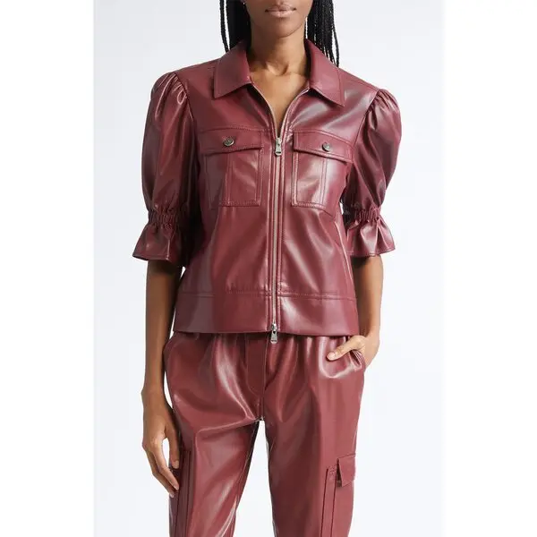 Cinq À Sept Holly Ruffle Faux Leather Jacket - Wineberry