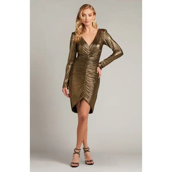 Tadashi Shoji Ruched Long Sleeve Dress Bronze Editorialist