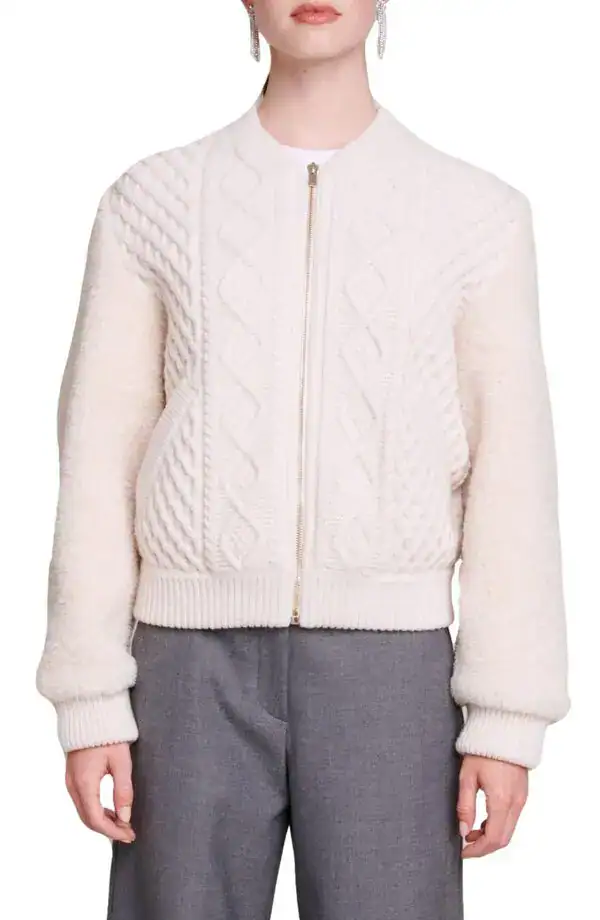 Maje Mixed Media Zip-Up Sweater In Natural 40% Off Editorialist