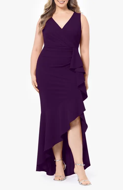 Betsy & Adam Sleeveless High-low Ruffle Gown - Mulberry