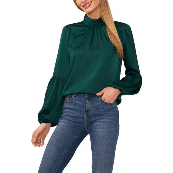 CECE DUPRAZ Satin Blouse With Mock Neck And Blouson Sleeves - Dark Forest