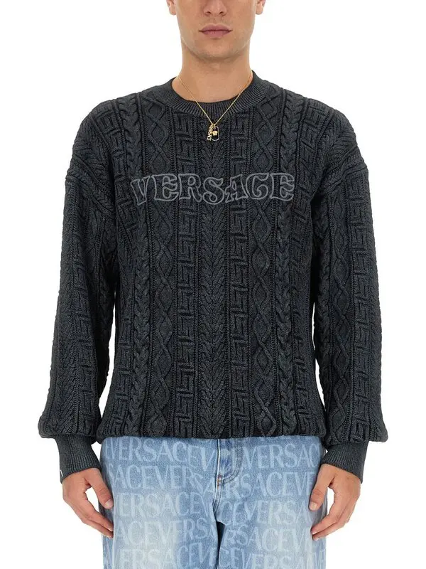 Versace Slim-fit Knit With Greek Braid Work