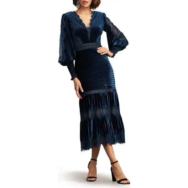 white christmas dresses Sander Black Mesh Long-Sleeve Ruffle-Hem Midi Dress – Club L London main image 1