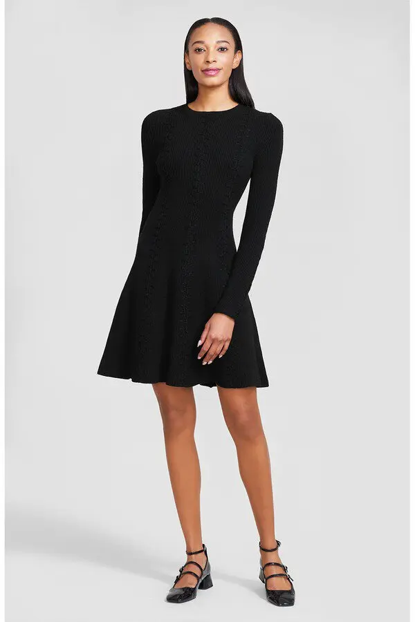 Lela Rose Embroidered Seam Rib Knit Fit And Flare Dress In Black - 70% Off  | Editorialist