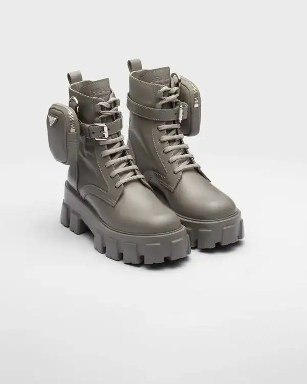 Prada Monolith Leather And Re-Nylon Boots With Pouch - Marble Gray 