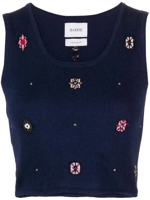 BARRIE Floral-motif Cropped Knitted Top - Blue