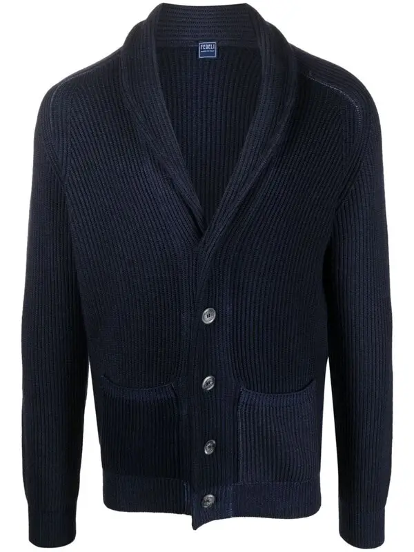 Fedeli Shawl-collar Ribbed Cardigan - Blue