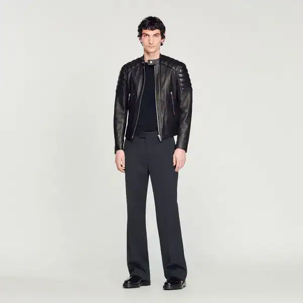 Sandro Leather Jacket With Quilted Trims - Navy Blue | Editorialist