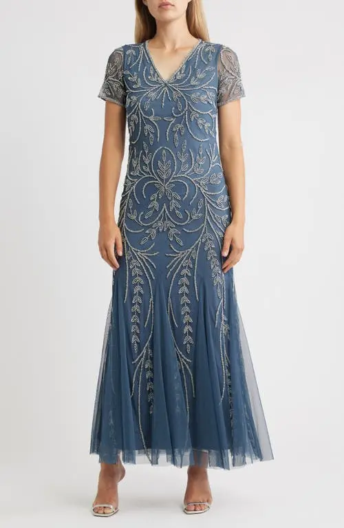 Pisarro Nights Beaded Mesh Gown - Grey