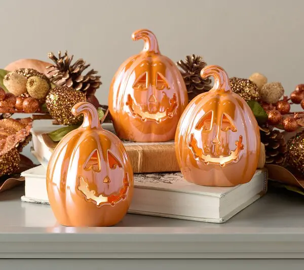 VALERIE PARR HILL Set Of 3 Illuminated Ceramic Jack-o-lanterns Valerie