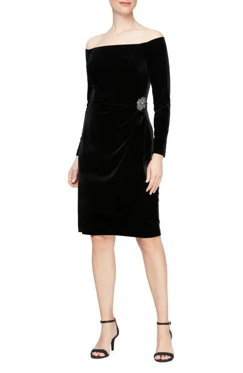 Alex Evenings Embellished Off The Shoulder Velvet Sheath Dress In Black -  44% Off
