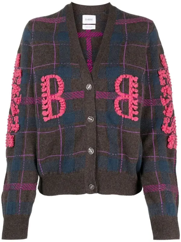 BARRIE Logo-embossed Tartan Cashmere Cardigan - Brown