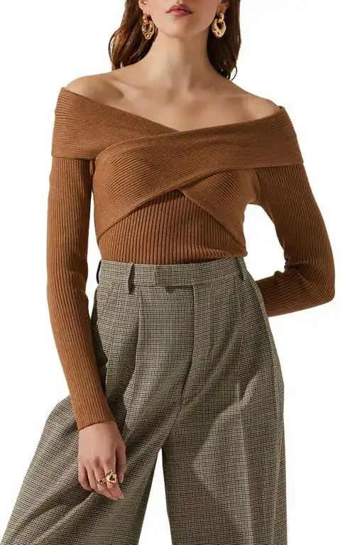 Astr The Label Zayla Crossover Off The Shoulder Rib Sweater