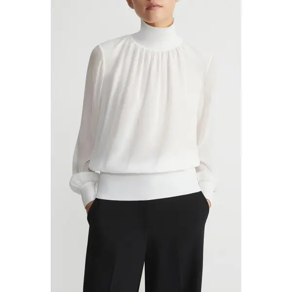 Lafayette 148 New York Mixed Media Silk Turtleneck Top - Cloud
