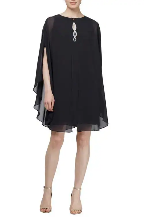 Sl Fashions Embellished Chiffon Cocktail Dress With Capelet - Black |  Editorialist