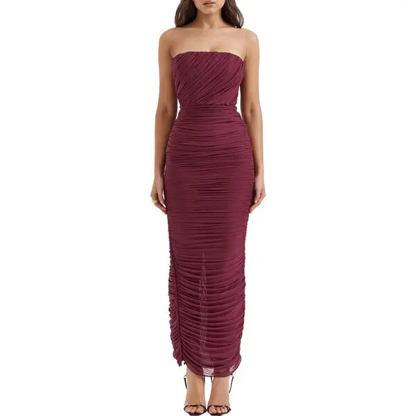 House Of Cb Gradient Color Strapless Mesh Gown - Windsor Wine