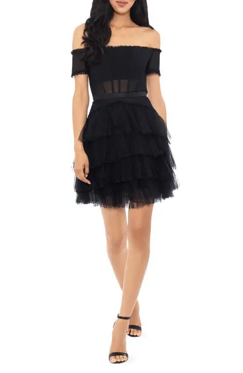 Betsy & Adam Corset Tiered Ruffle Mini Dress