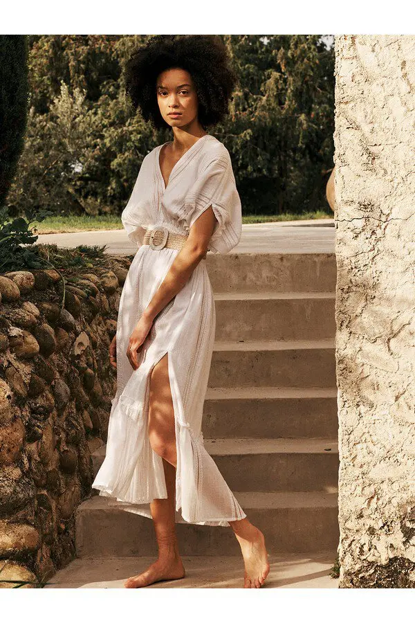 open lace back dress Lemlem Abira Empire Waist Tiered Cotton Cover-Up Maxi Dress in White main image 0