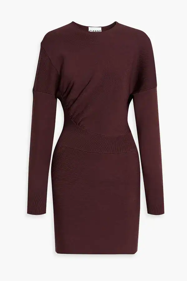 Buy GANNI Ruched Ribbed-knit Mini Dress - Grape At 80% Off | Editorialist