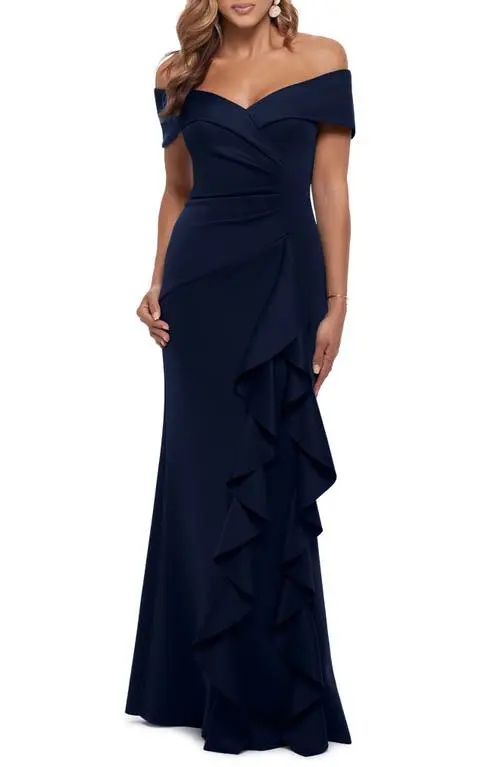 XSCAPE EVENINGS Ruffle Off The Shoulder Scuba Knit Gown - Midnight