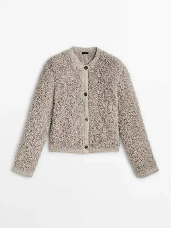 Massimo Dutti Bouclé Knit Cardigan With Buttons - Khaki | Editorialist
