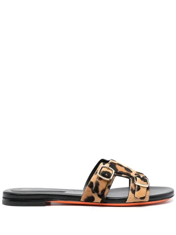 Santoni Leopard Print Double-buckle Slides