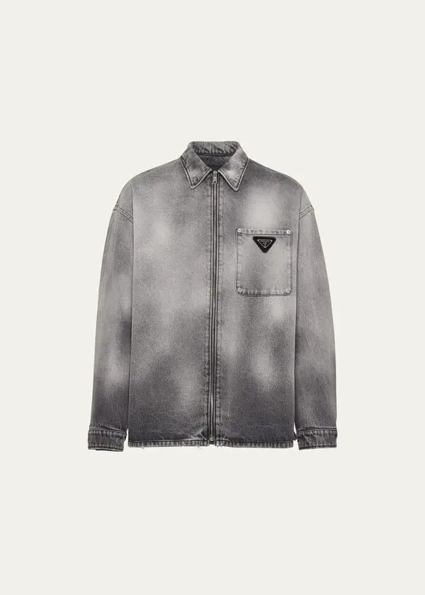 Prada Denim Full-zip Shirt With Triangle Logo - Grey | Editorialist