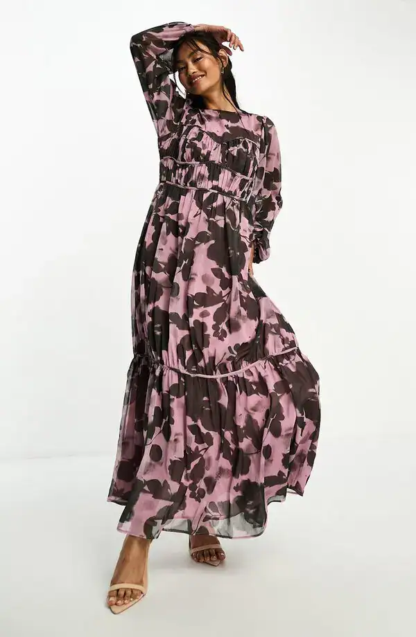 Asos Floral Channel Waist Long Sleeve Maxi Dress In Purple Multi - 55% Off  | Editorialist