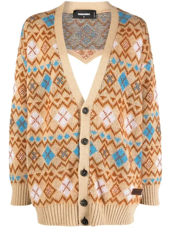 Dsquared2 Geometric-print Wool Cardigan - Neutrals