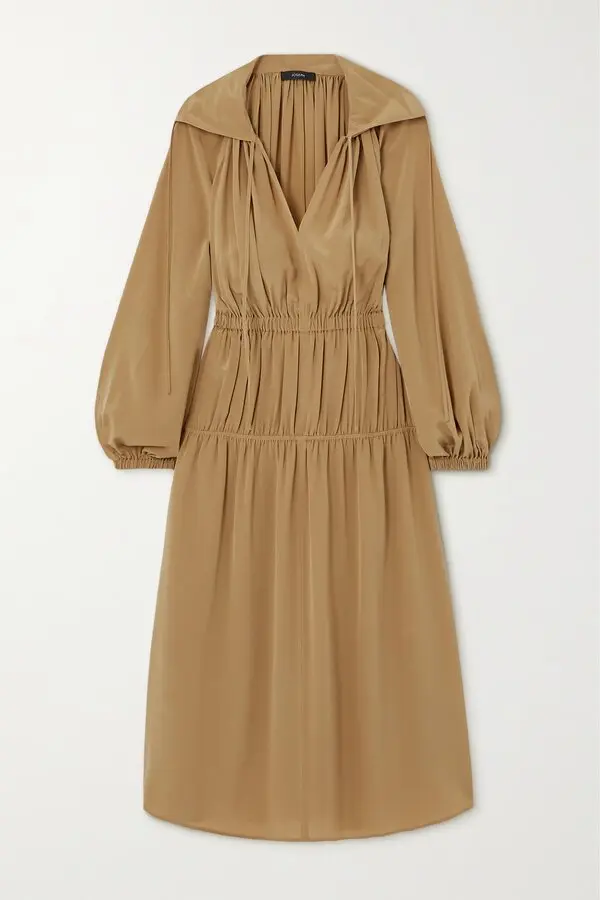 JOSEPH Dryden Gathered Silk-crepe Midi Dress - Camel | Editorialist