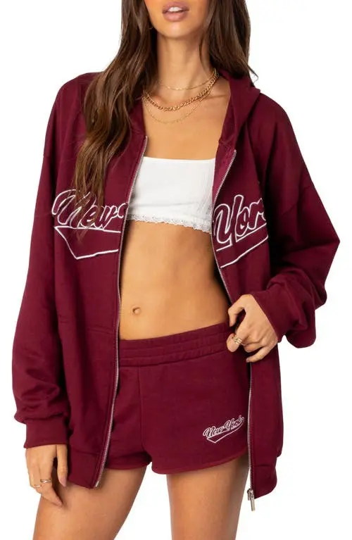 EDIKTED New York Oversized Zip Up Hoodie - Burgundy