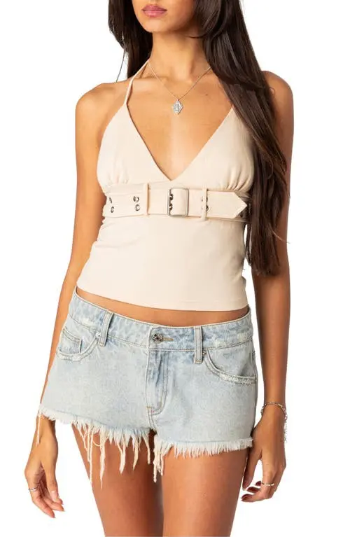 EDIKTED Birdie Belted Crop Halter Top - Beige