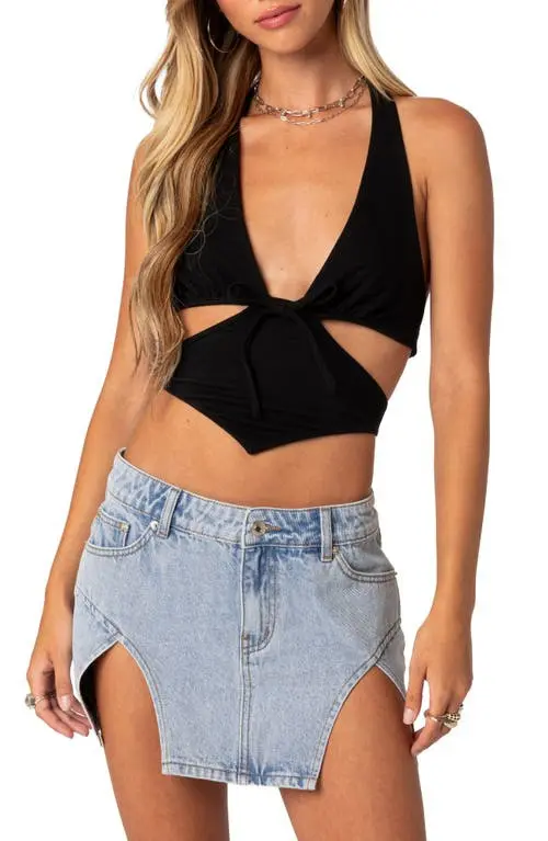 EDIKTED Cady Cutout Crop Halter Top - Black