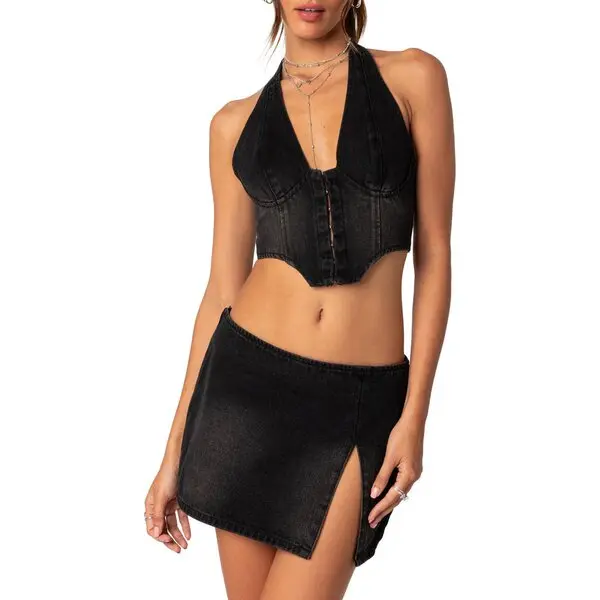 EDIKTED Katrina Lace-up Denim Corset Halter Top - Black-washed