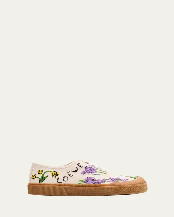 Loewe Terra Embroidered Canvas Sneakers - Beige/pur/grn